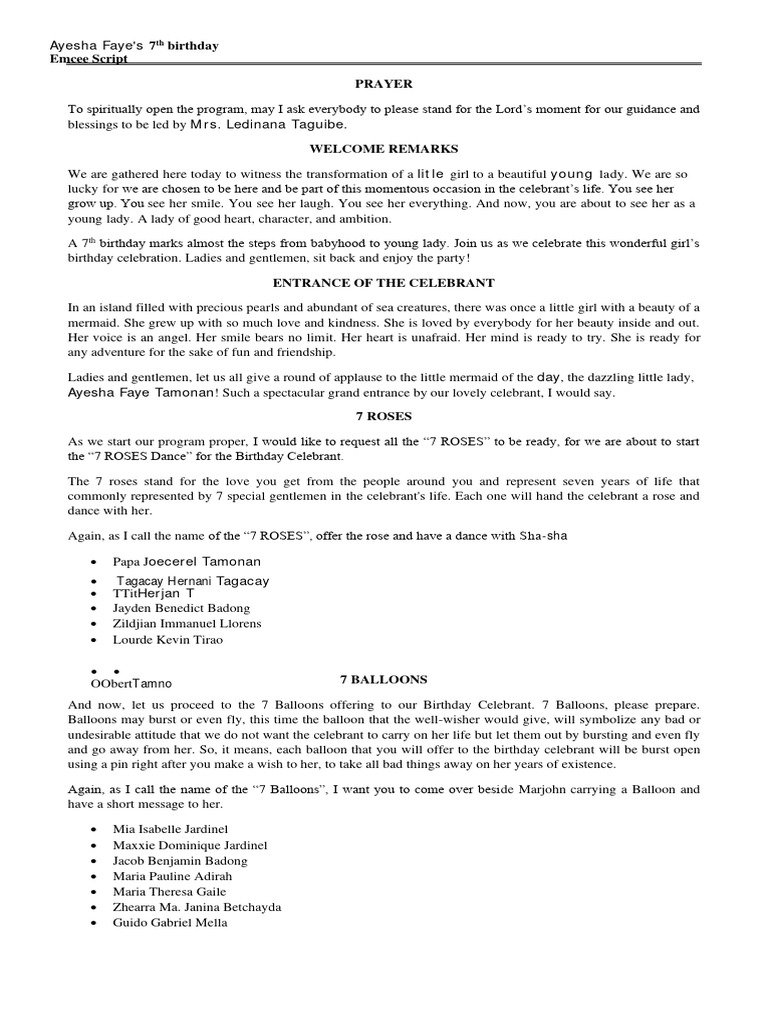 Bibi 7th Birthday Emcee Script | PDF