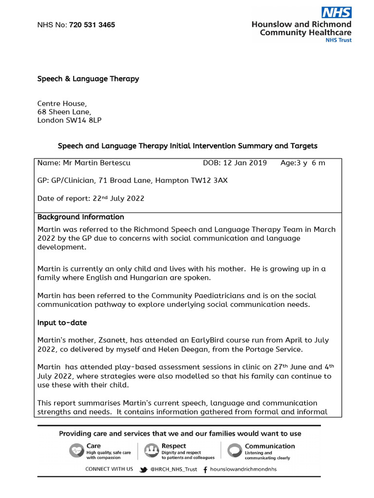 Speech Therapy Summary for Martin Bertescu | PDF | Communication ...