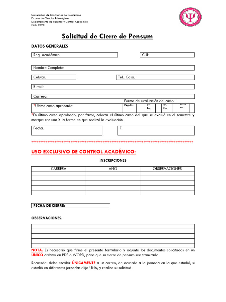 Formulario Cierre Pensum 2020 | PDF