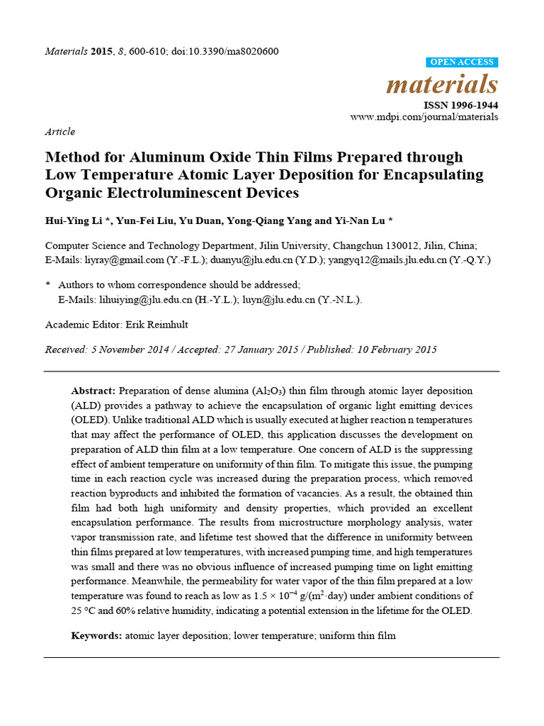 Method for Aluminum Oxide Thin Films Prepared through Low Temperature Atomic Layer Deposition ...