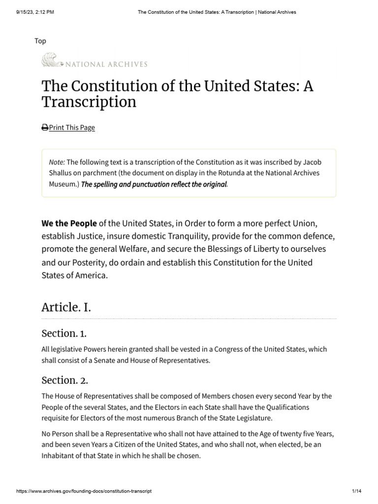 The Constitution of The United States - A Transcription - National ...