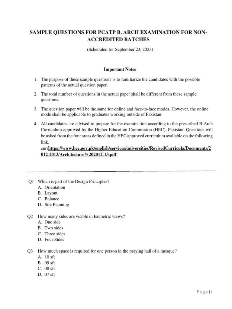 Sample Paper For B. Arch Exam 2023 | PDF | Architectural Design | Architecture