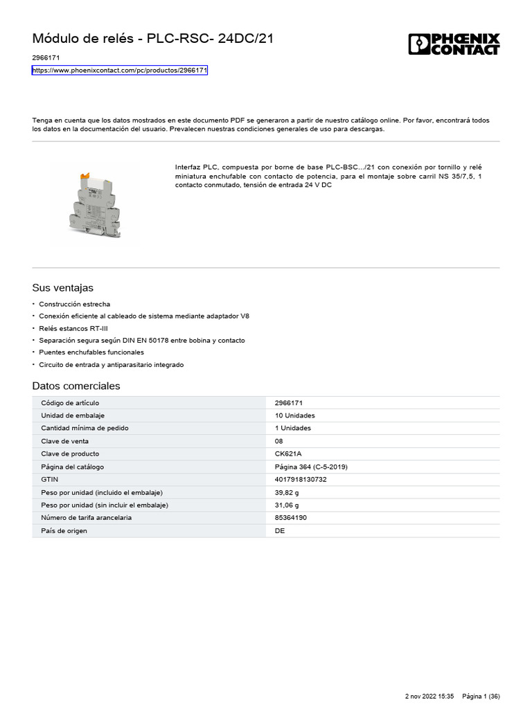 Interface Phoenix PLC-RSC-24DC-21 COD 2966171 | PDF | Relé ...