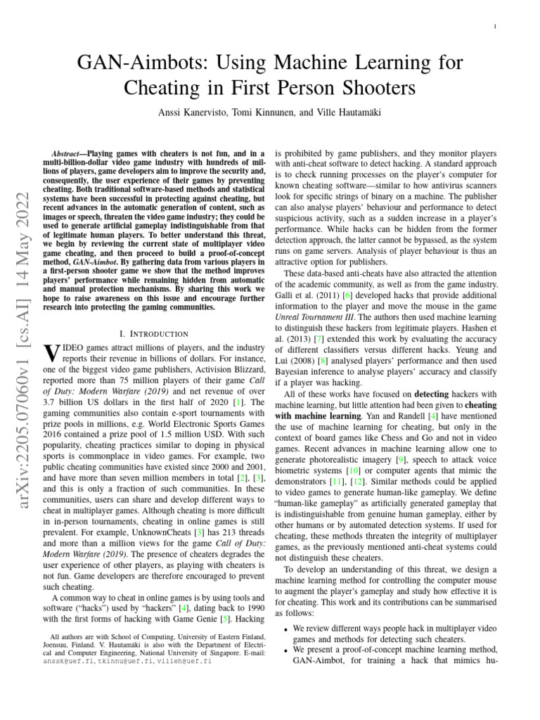 GAN-Aimbots: Using Machine Learning For Cheating in First Person Shooters | PDF | Cheating In ...