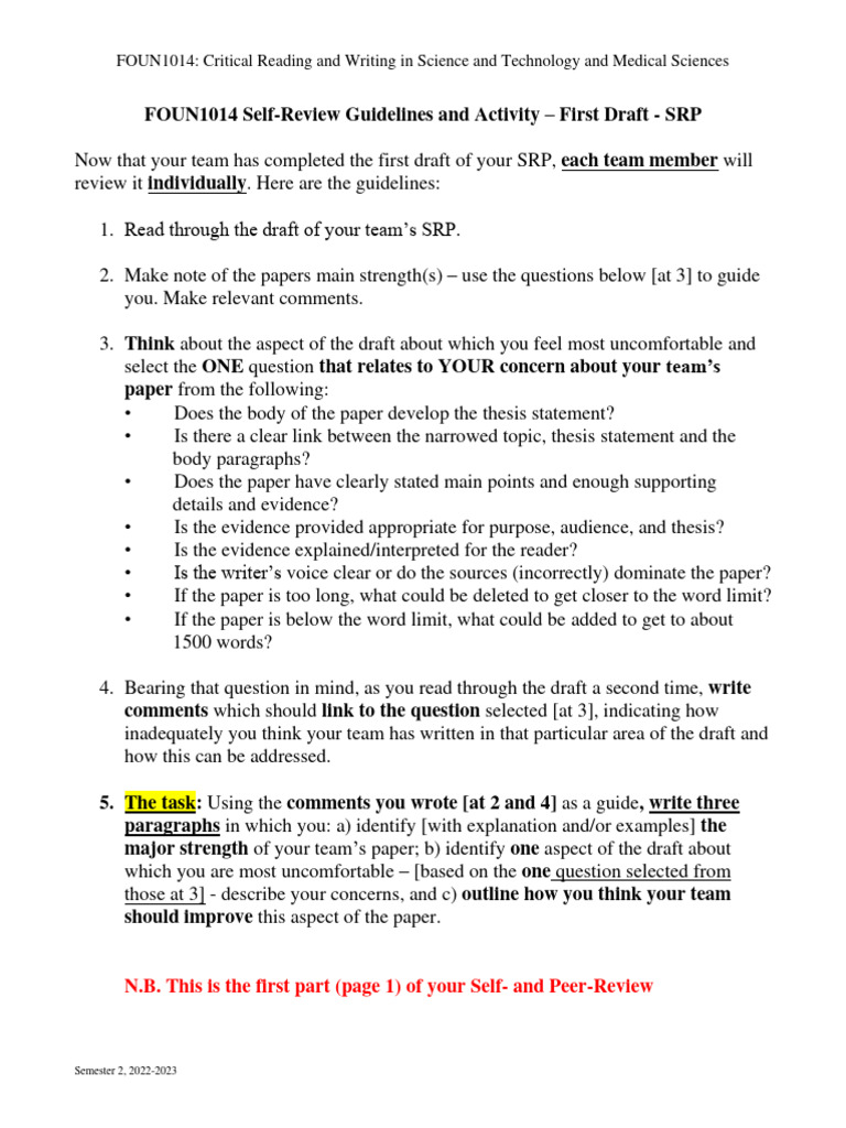 # 5 - Self - and Peer-Review Guidelines + Activity + RUBRIC - Semester ...