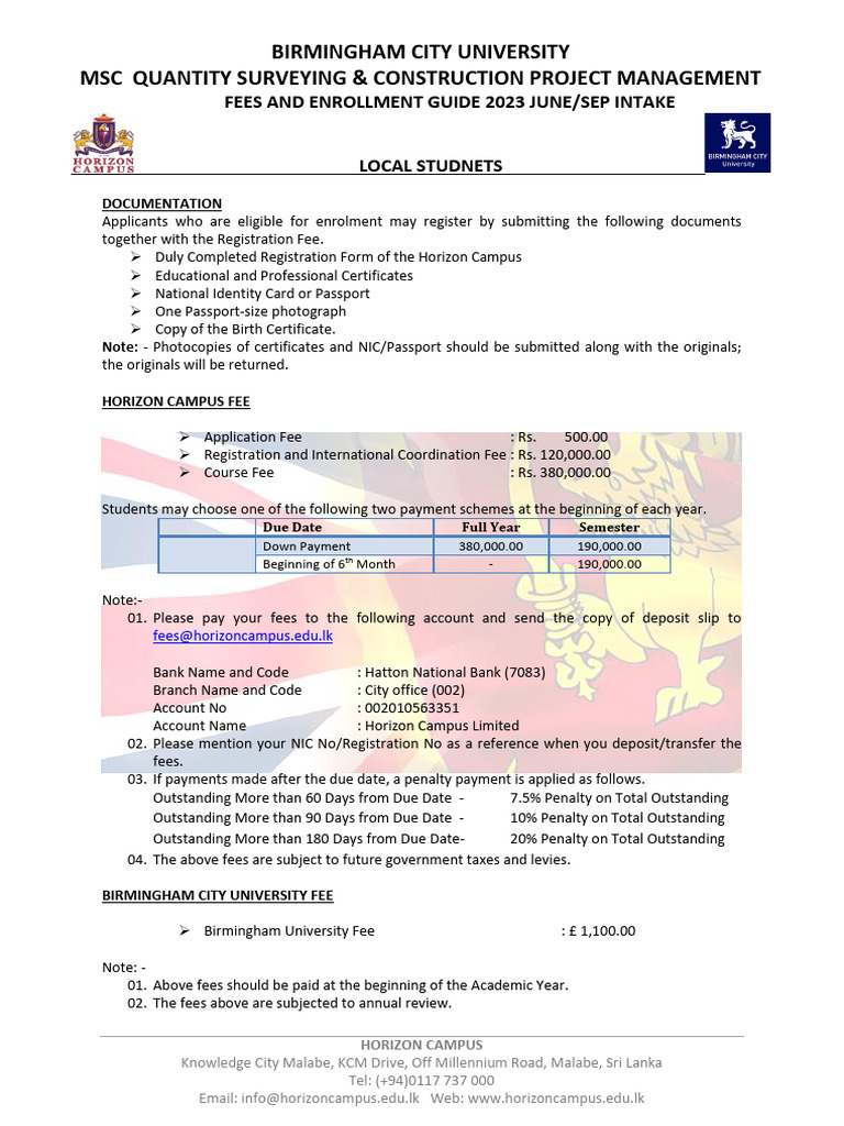 MSC QS and Construction MGT - LOCAL | PDF | Fee | Identity Document