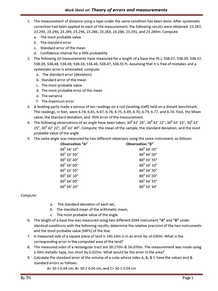 CEng 2108 - Worksheet On Theory of Errors - Edited | PDF | Standard Error | Standard Deviation