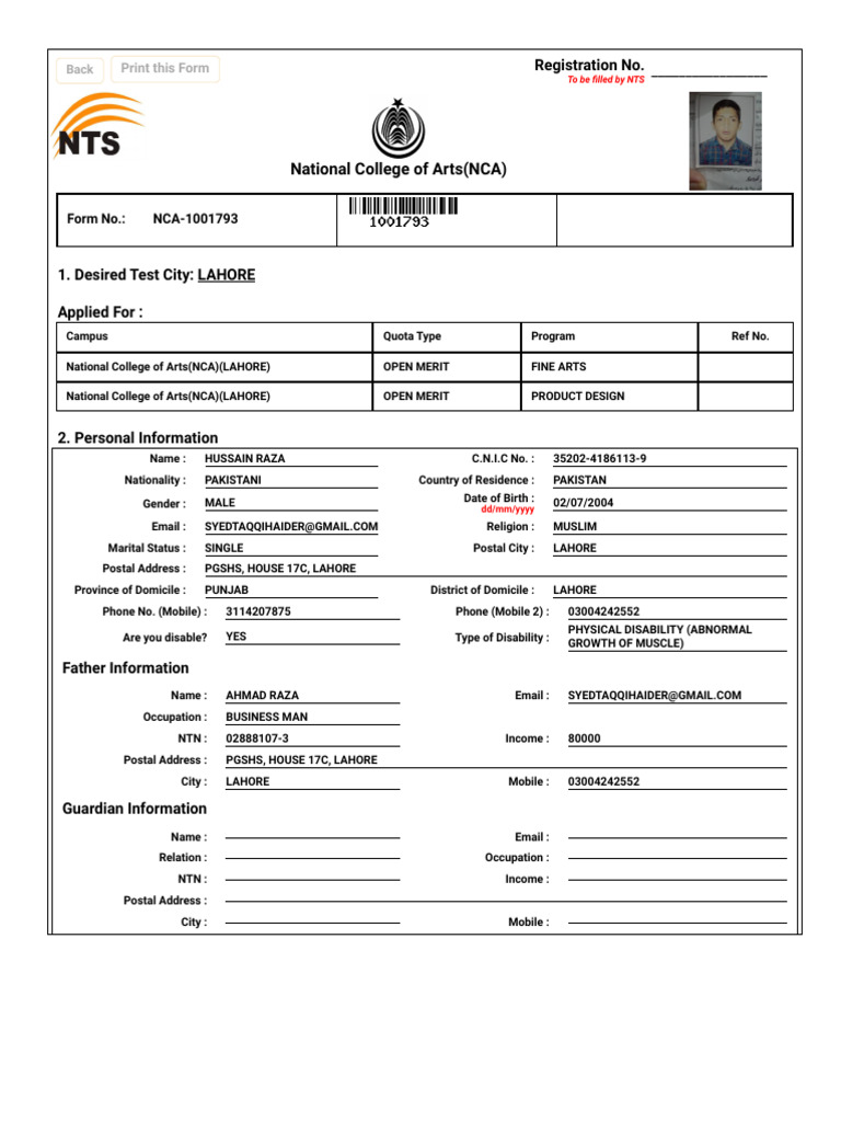 National College of Arts (NCA) : Registration No | PDF | Banks | Fee