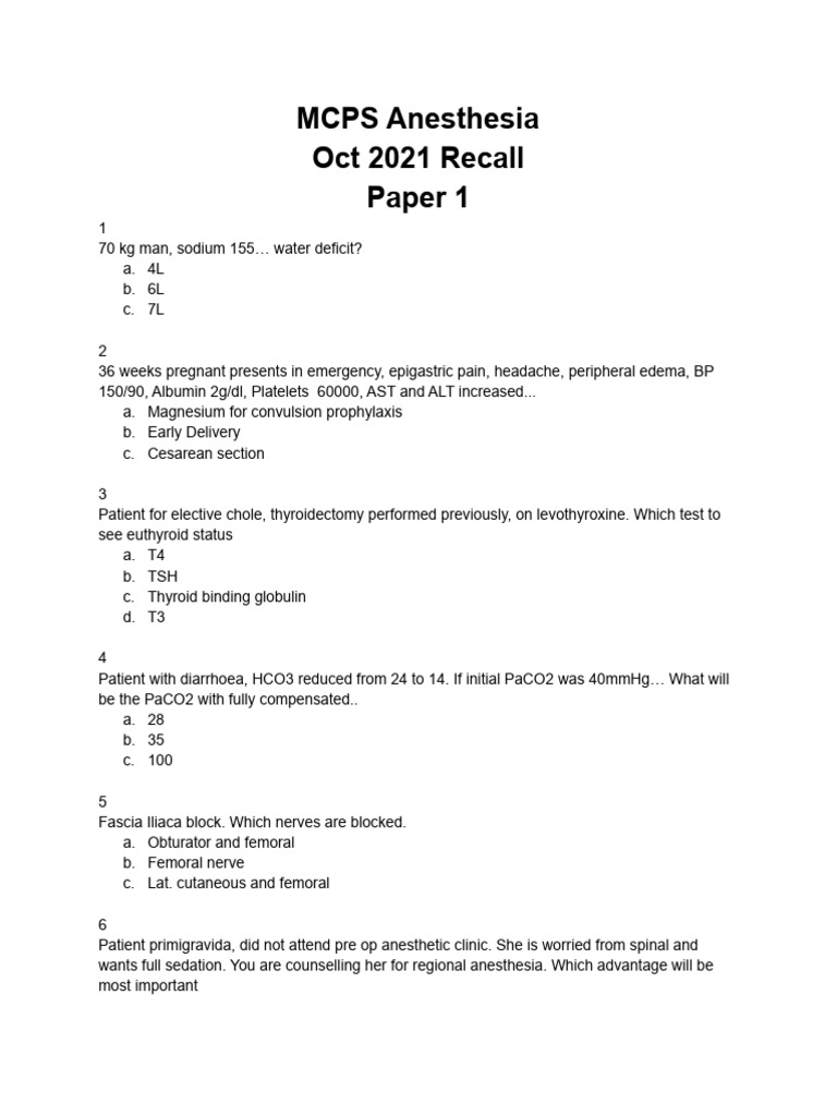 MCPS Anesthesia Oct 2021 Recall | PDF | Anesthesia | Aorta