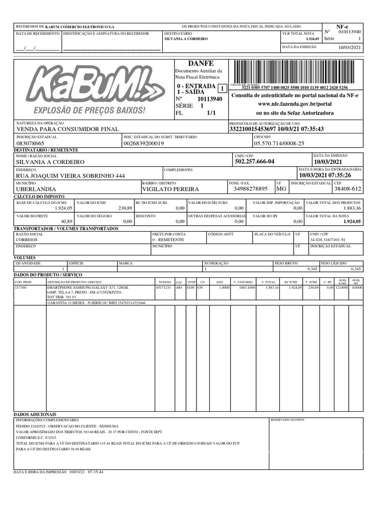 Nota Fiscal Celular Kabum | PDF