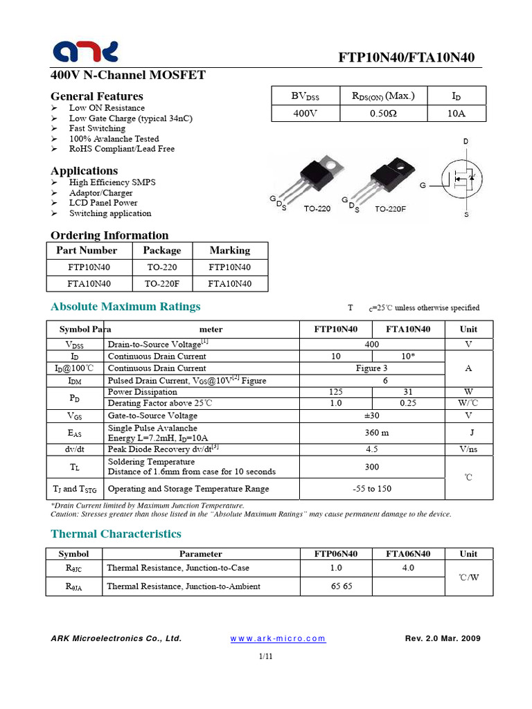 FTP10N40 | PDF | Field Effect Transistor | Diode