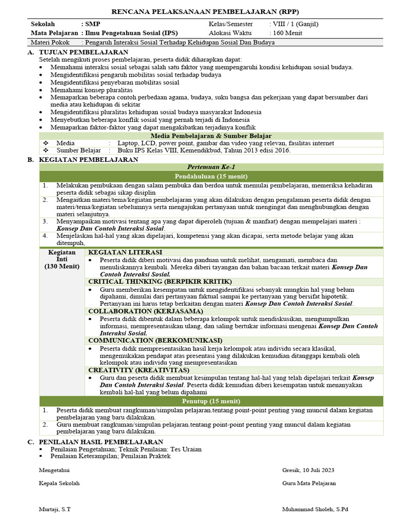 2.1 RPP IPS Kelas 8 Ganjil | PDF