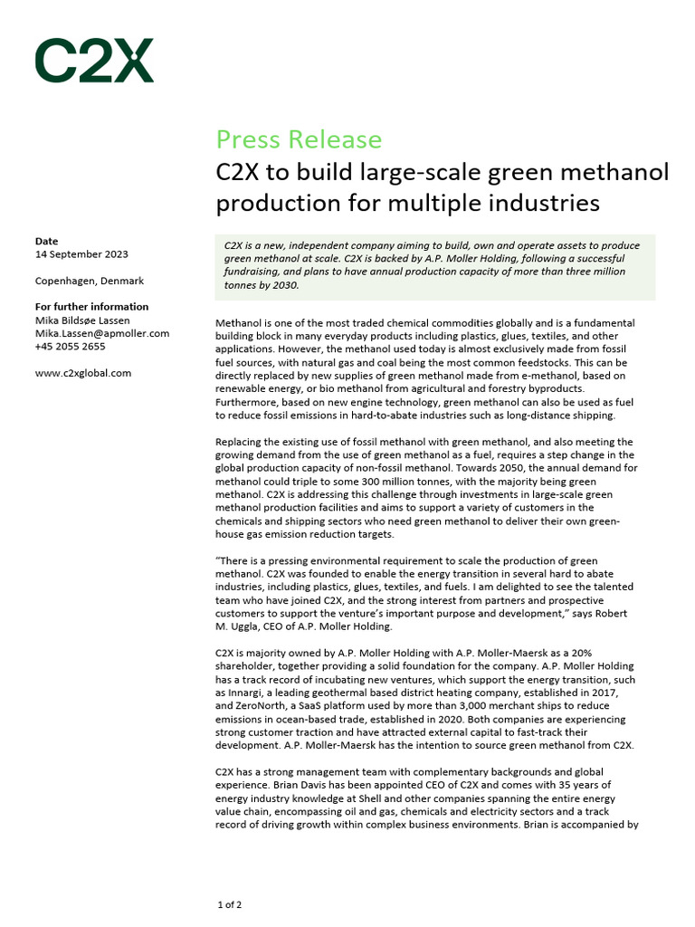 C2X To Build Large-Scale Green Methanol Production For Multiple ...