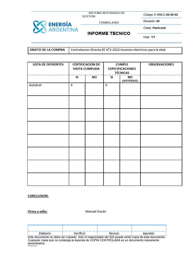 Informe Técnico Autotrol | PDF