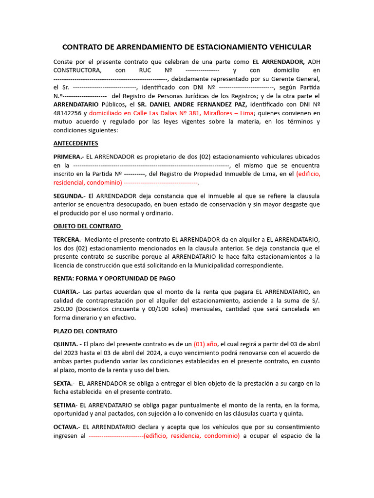 Contrato de Arrendamiento de Estacionamiento Vehicular | PDF ...