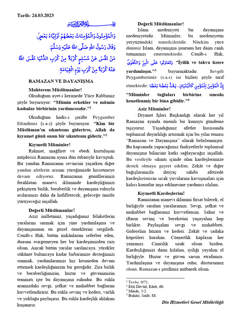 HUTBE - Ramazan Ve Dayanışma | PDF