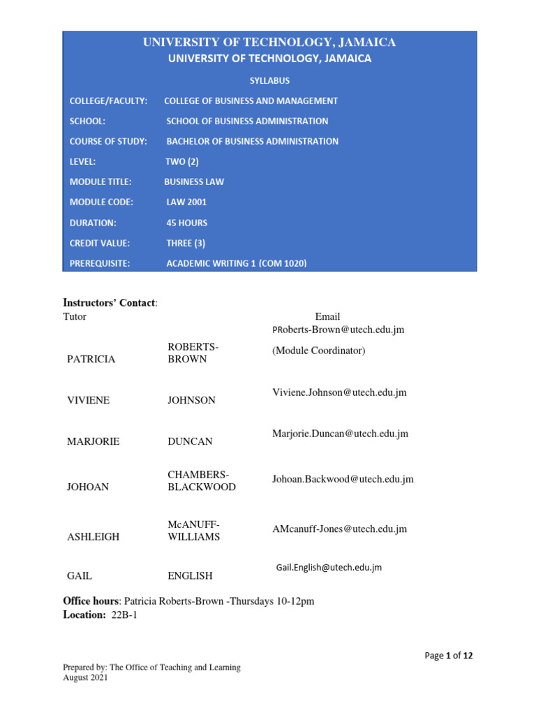 Module Outline Business Law (LAW2001) AY 2023.24 Semester 1 | PDF | Law