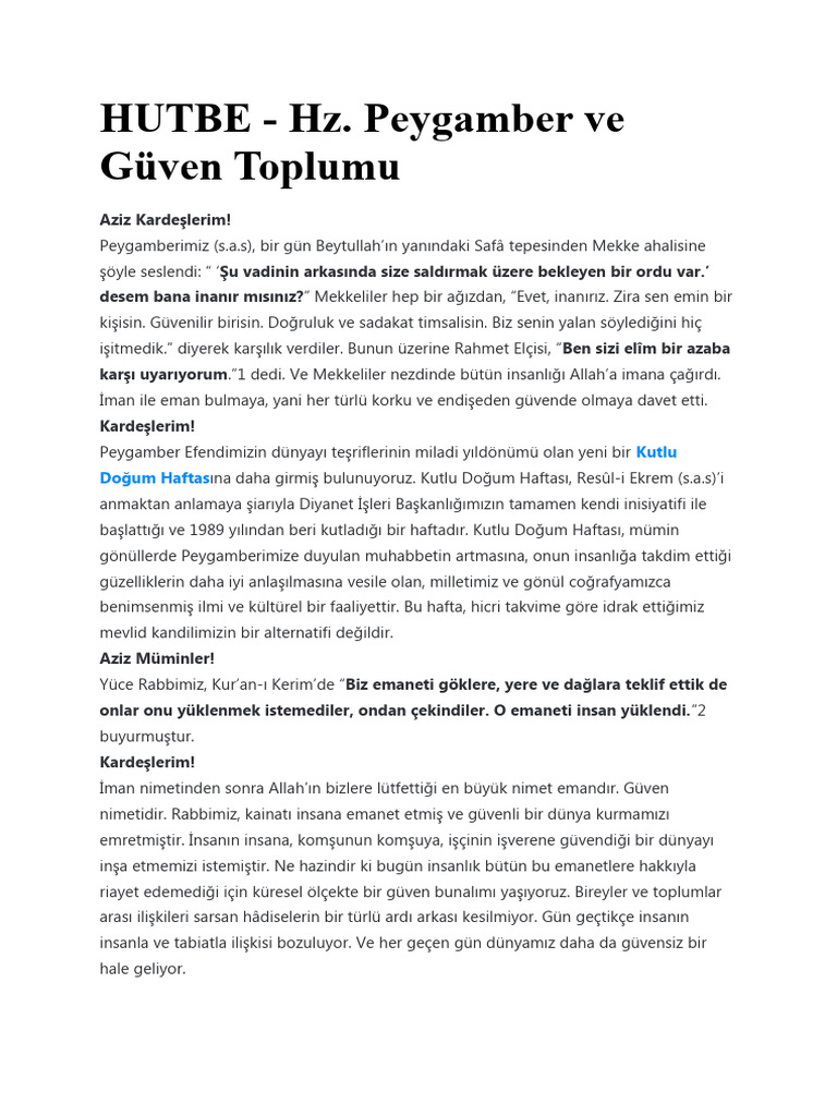 Hutbe - Hz. Peygamber Ve Güven Toplumu | PDF