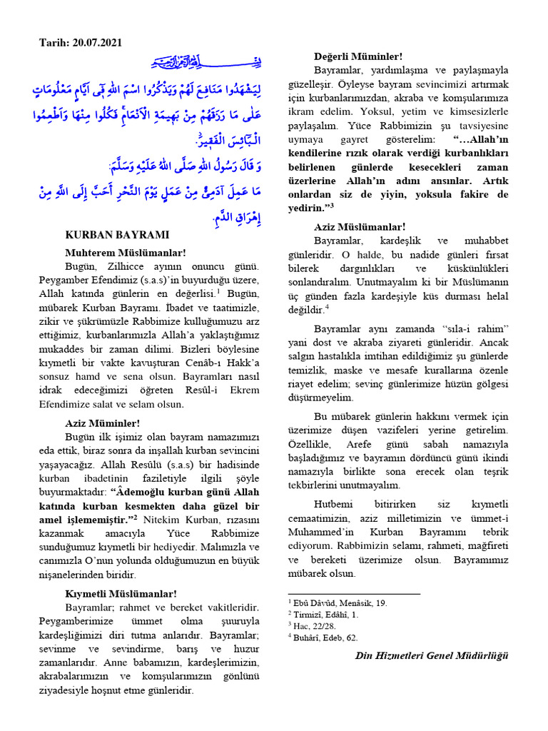 HUTBE - Kurban Bayramı | PDF