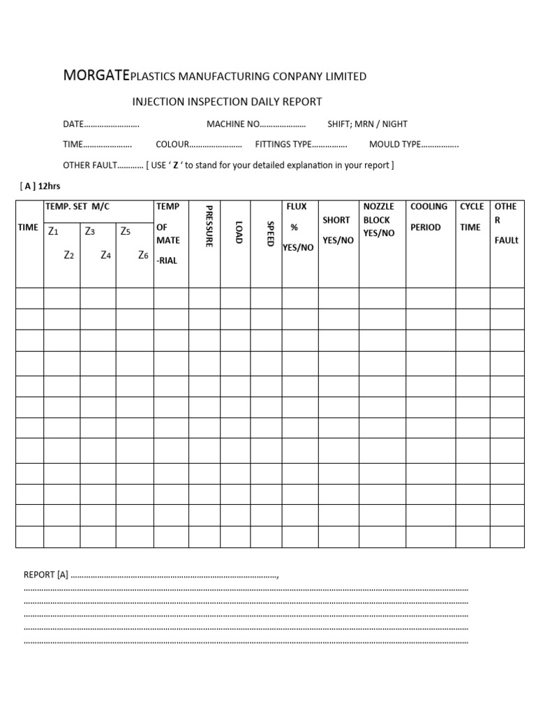 Injection Inspection Daily Report Shit | PDF | Mechanical Engineering