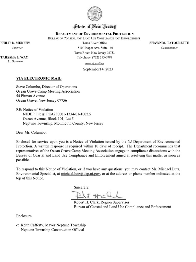 NJDEP Violation Notice To Ocean Grove Camp Meeting Association | PDF