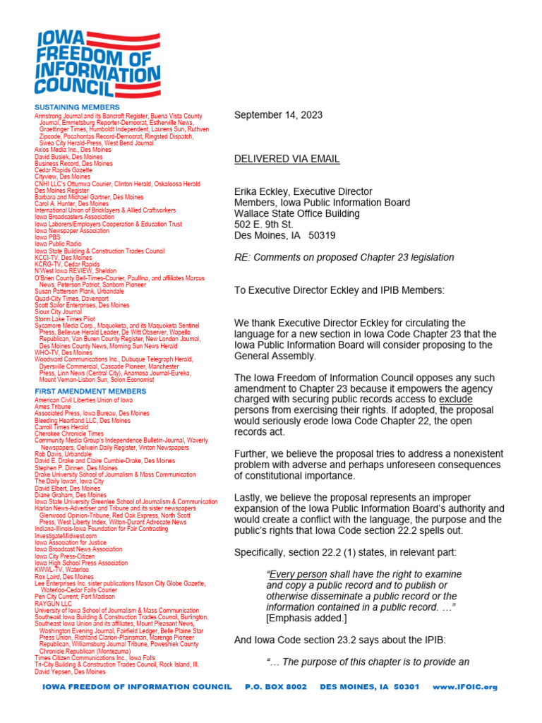 Iowa Freedom of Information Council Letter 9-15-23 | PDF | Equal ...
