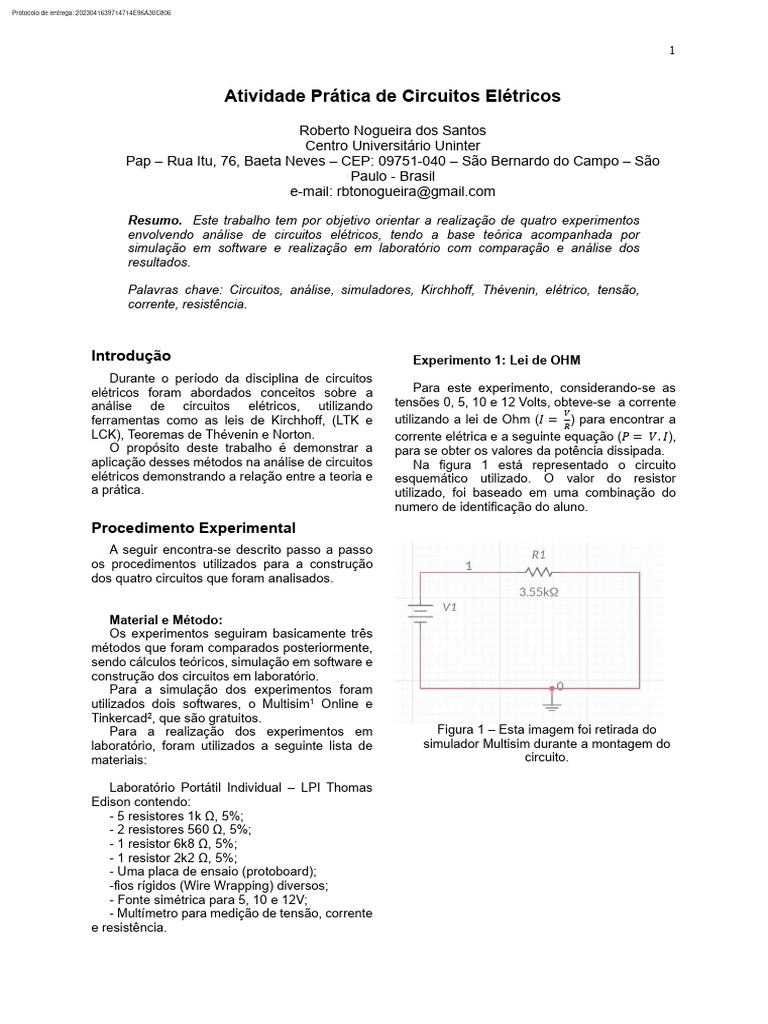 Atividade Pratica Eletricidade Roberto Nogueira | PDF | Rede elétrica | Resistor
