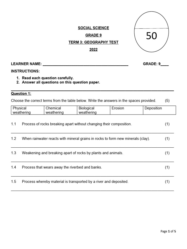 Gr9 - T3 - Sept Geog Test Resource | PDF | Erosion | Weathering