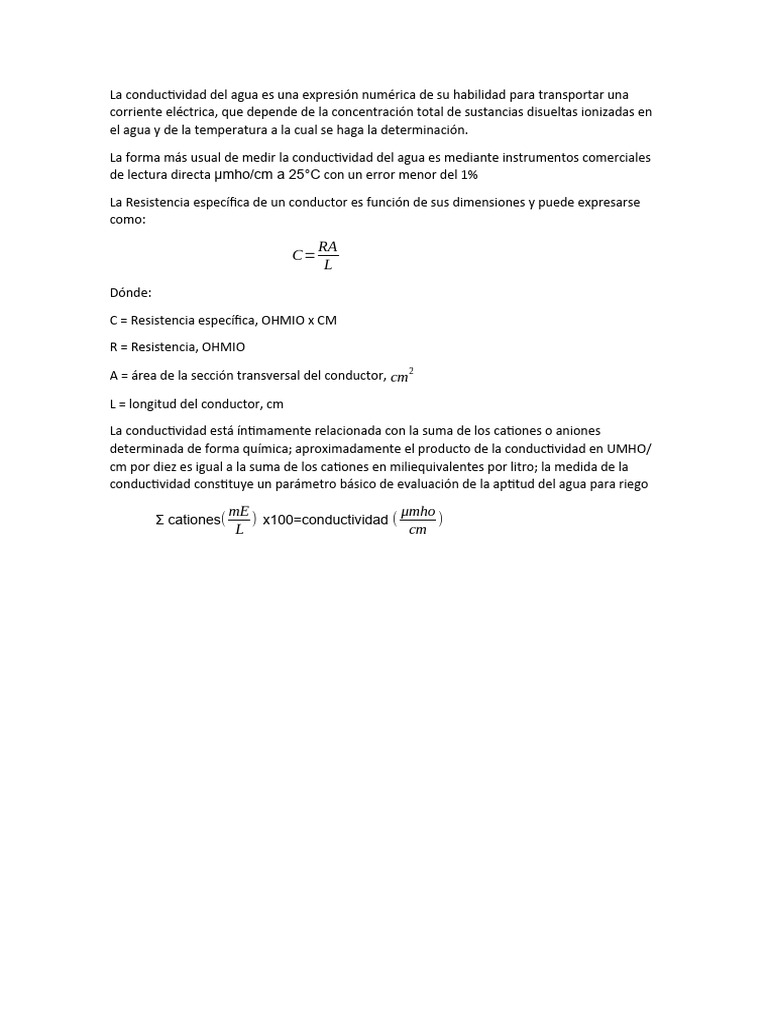 La Conductividad Del Agua Es Una Expresión Numérica de Su Habilidad para Transportar Una ...