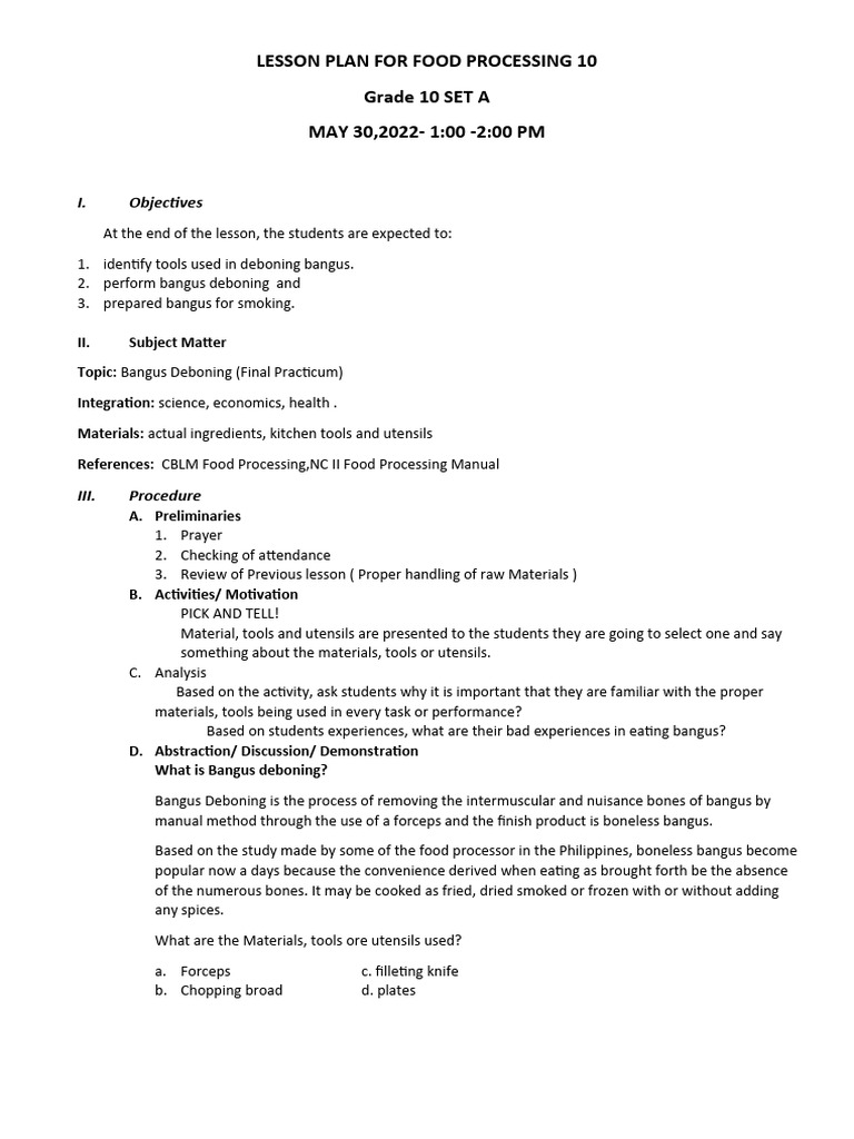 LESSON PLAN FOR FOOD PROCESSING 10 Final COT 2022 | PDF | Kitchen ...