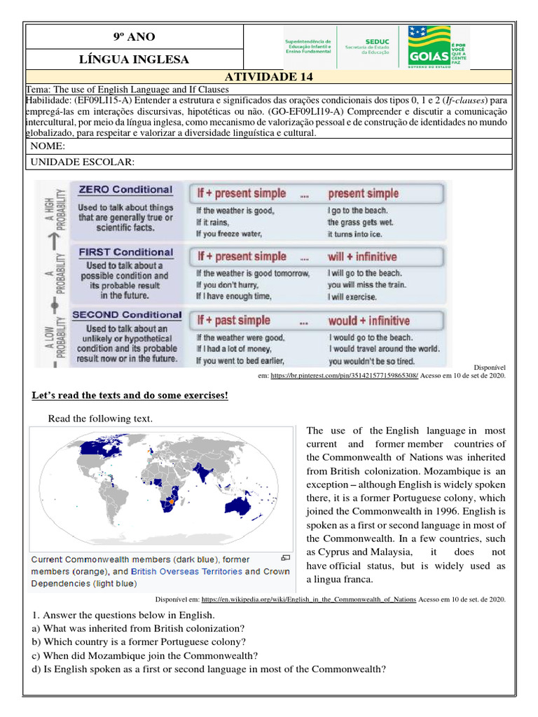 Atividade 14 9o LI The Use of English Language and If Clauses Professor | PDF | Languages Of ...