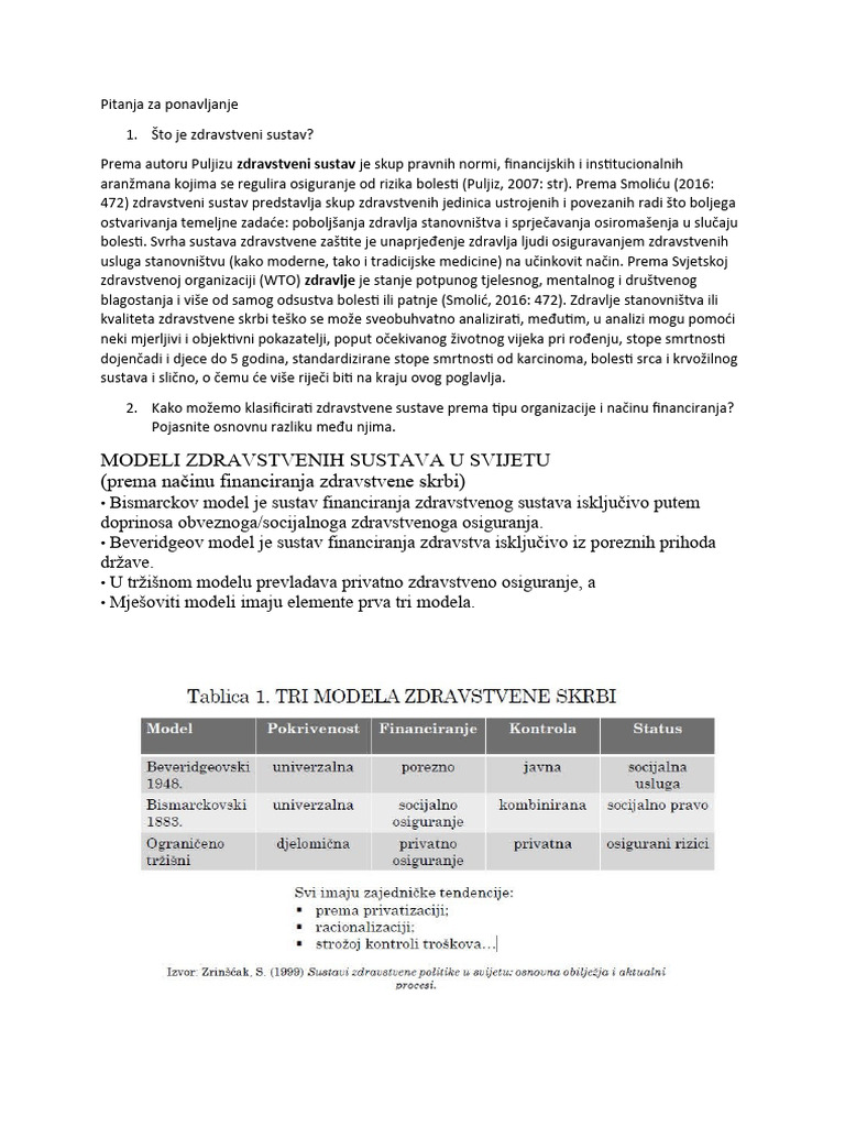 Pitanja Za Ponavljanje - Zdravstveni Sustav - Odgovori | PDF