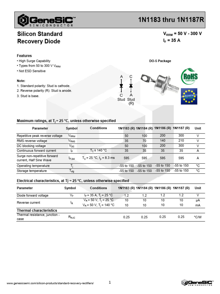 1N1183 GeneSiC | PDF | Diode | Electric Power