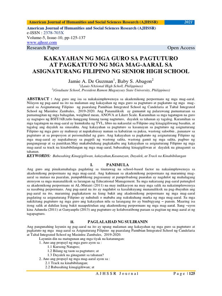 Kakayahan NG Mga Guro Sa Pagtuturo at Pagkatuto NG Mga Mag-Aaral Sa Asignaturang Filipino NG ...