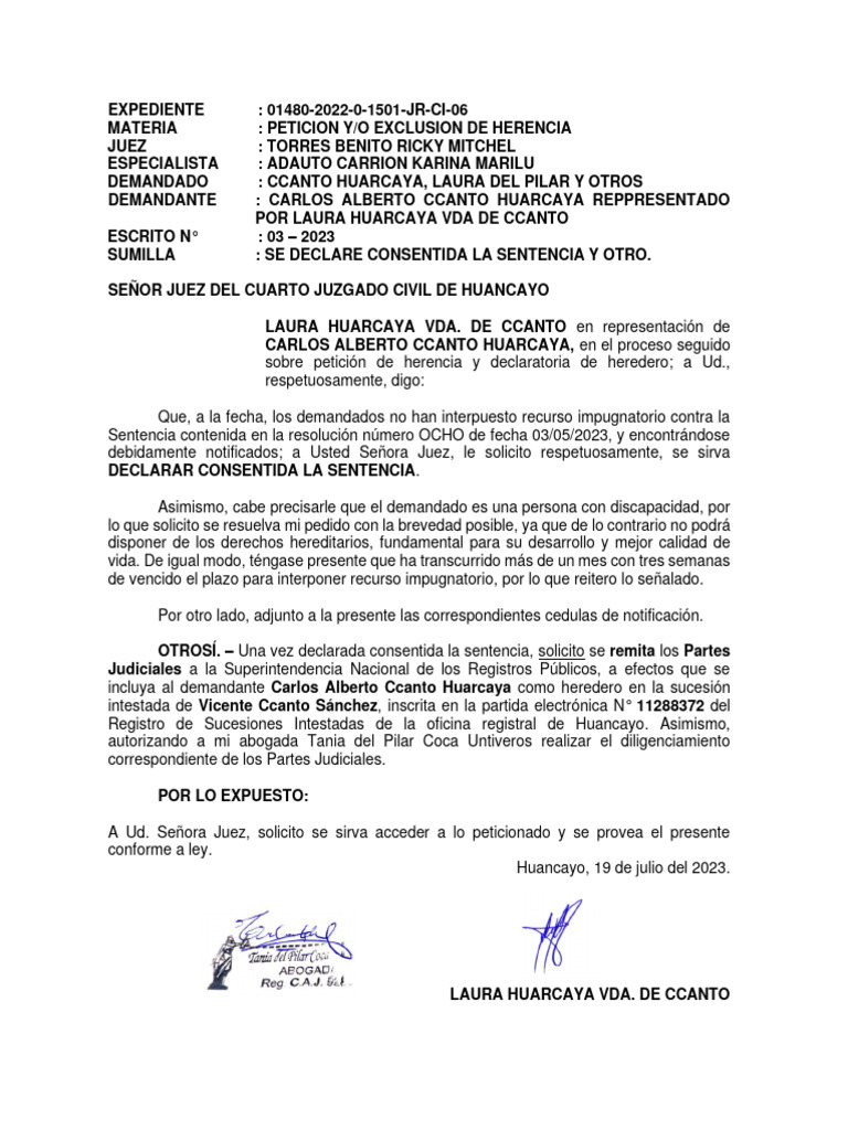 ESCRITO 03 - EMITA SENTENCIA CONSENTIDA y Partes Judiciales | PDF ...