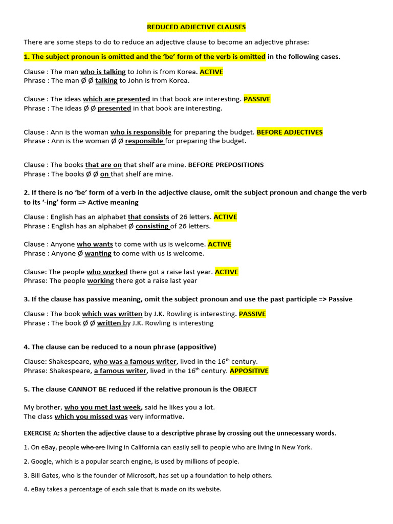 Reduced Adjective Clauses | PDF