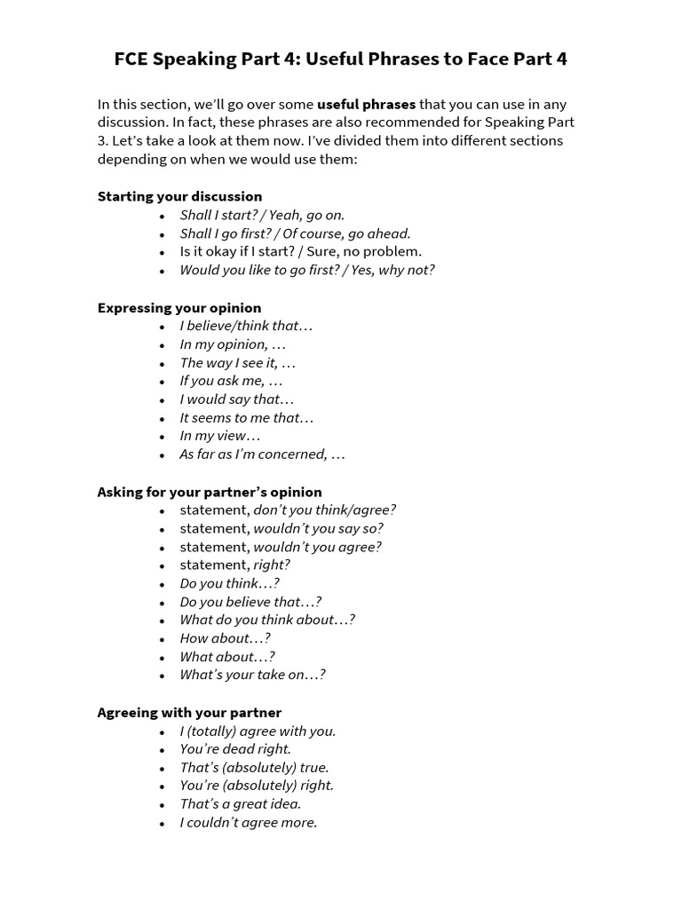 FCE Speaking Part 4 - Useful Phrases | PDF | Conversation | Question