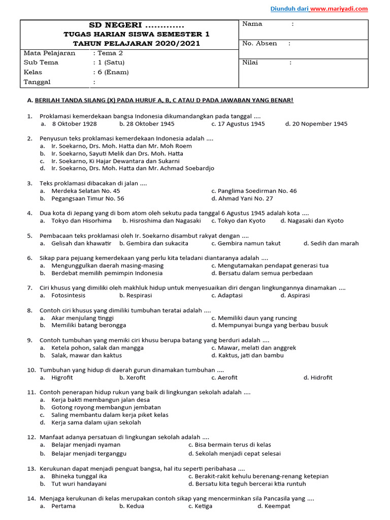 Soal Tugas Harian Kelas 6 Tema 2 - 1 | PDF