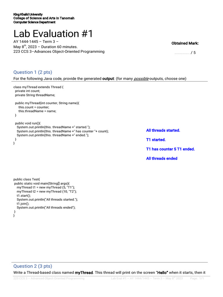 Java Thread Programming Lab Evaluation | PDF