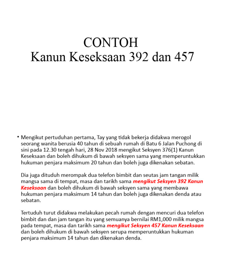 CONTOH Kanun Keseksaan 392 Dan 457 | PDF