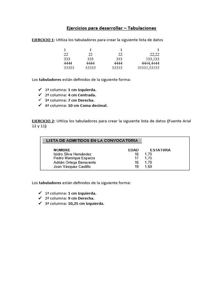 Ejercicios Prácticos de Tabulaciones en Word | PDF | Impresión | Diseño ...