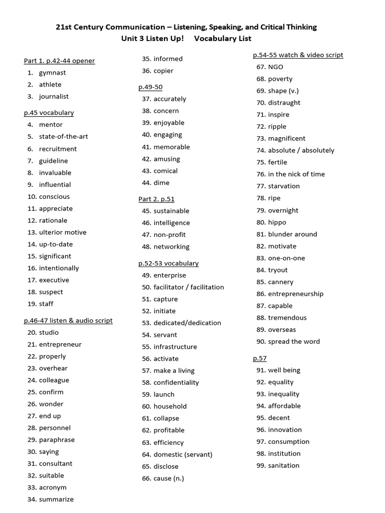 21st Century Communication - Vocabulary List - Unit 3 | PDF | Economies