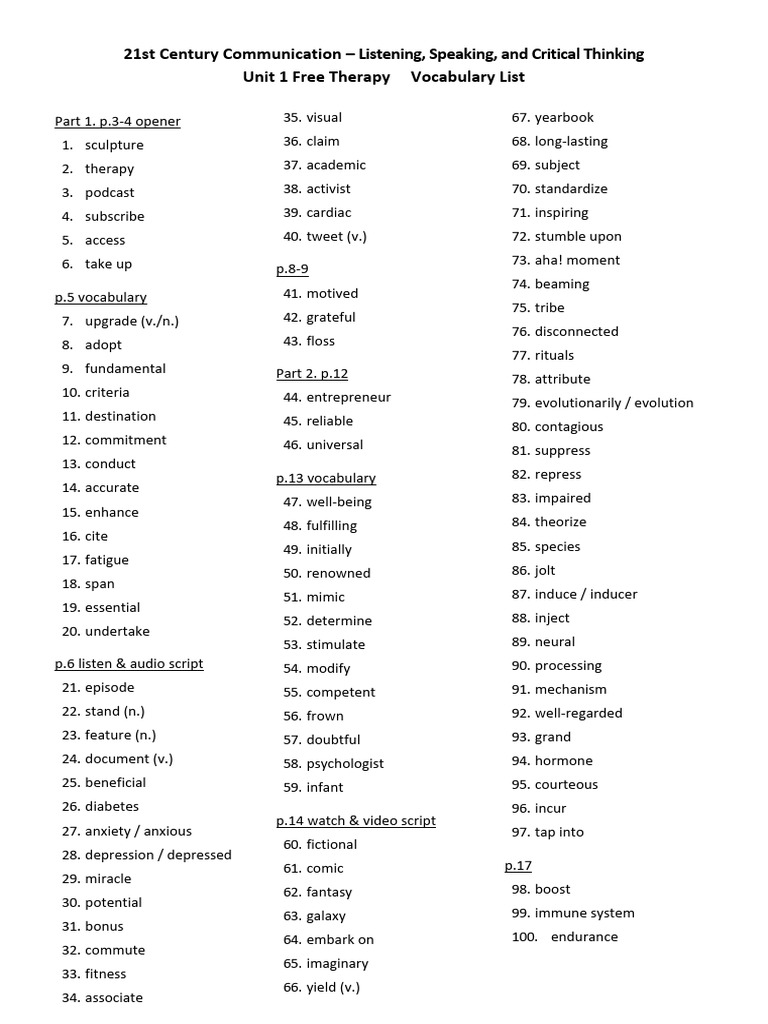 21st Century Communication - Vocabulary List - Unit 1 | PDF | Clinical ...