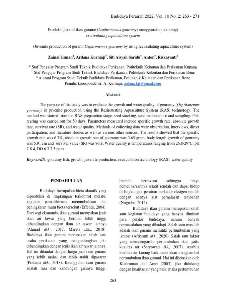 JBP - Produksi Juvenil Ikan Gurame (Osphronemus Gouramy) Menggunakan Teknologi Recirculating ...