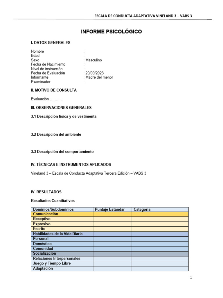 Esquema Informe Final Vineland 3 - Vabs 3 | PDF