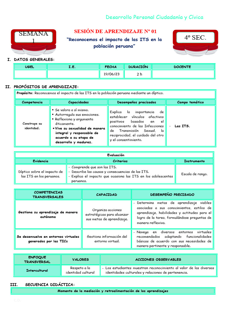 4° Sesión de Aprendizaje Sesión 1-Sem.1-Exp.4-Dpcc | PDF | Aprendizaje | Evaluación