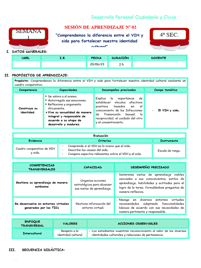 4° Sesión de Aprendizaje Sesión 2-Sem.1-Exp.4-Dpcc | PDF | Aprendizaje | VIH / SIDA