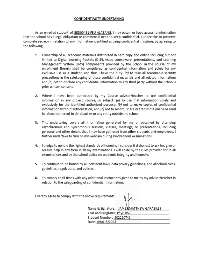 Confidentiality Undertaking Student 1 1 | PDF | Confidentiality | Justice