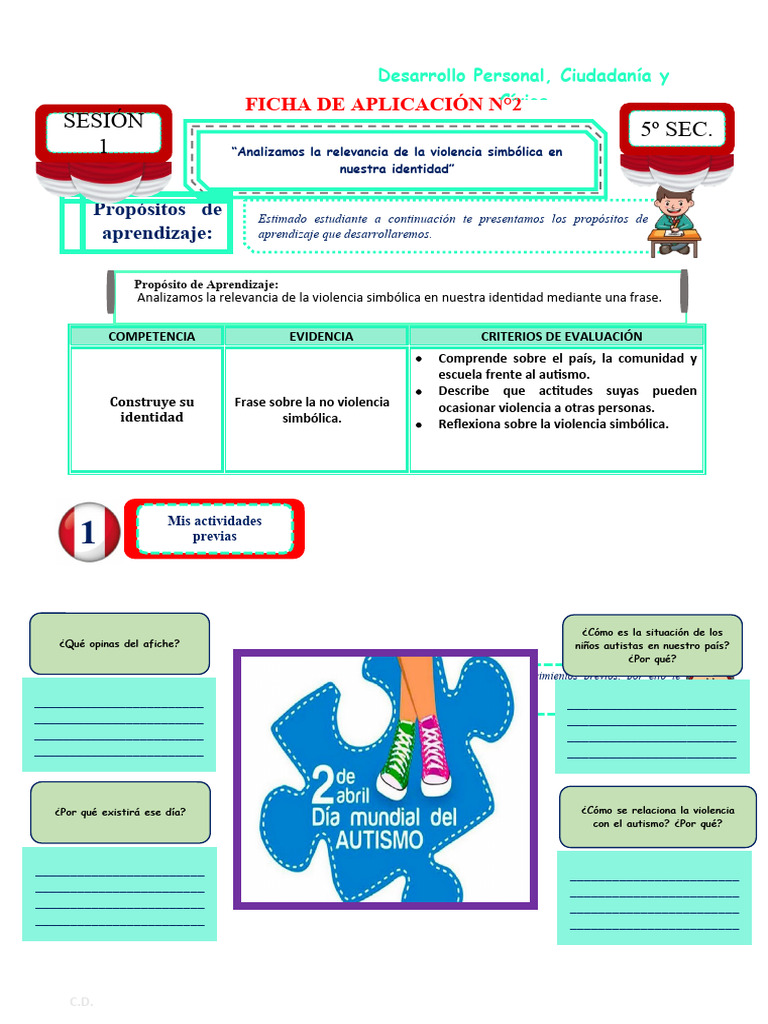 5° FICHA DE APLICACIÓN-SESIÓN2-SEM.1-EXP.4-DPCC | PDF | Espectro autista | Aprendizaje