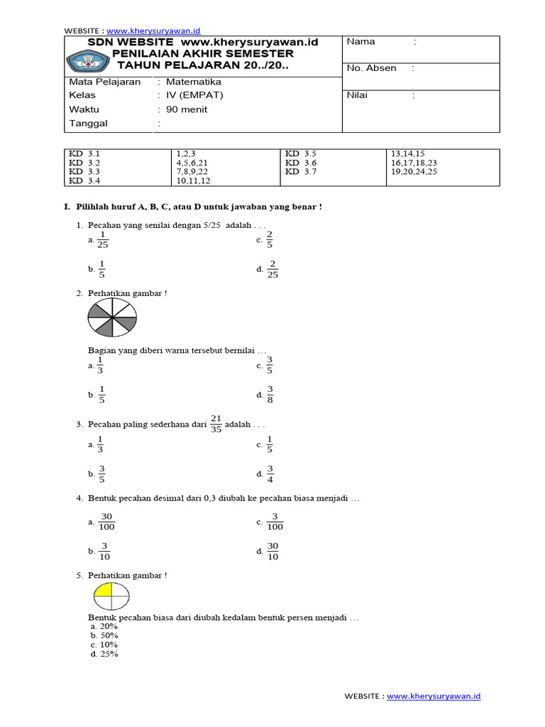 SOAL & Jawaban PAS MTK KELAS 4 GANJIL K13 Ver.2 - WEBSITE WWW - Kherysuryawan.id | PDF